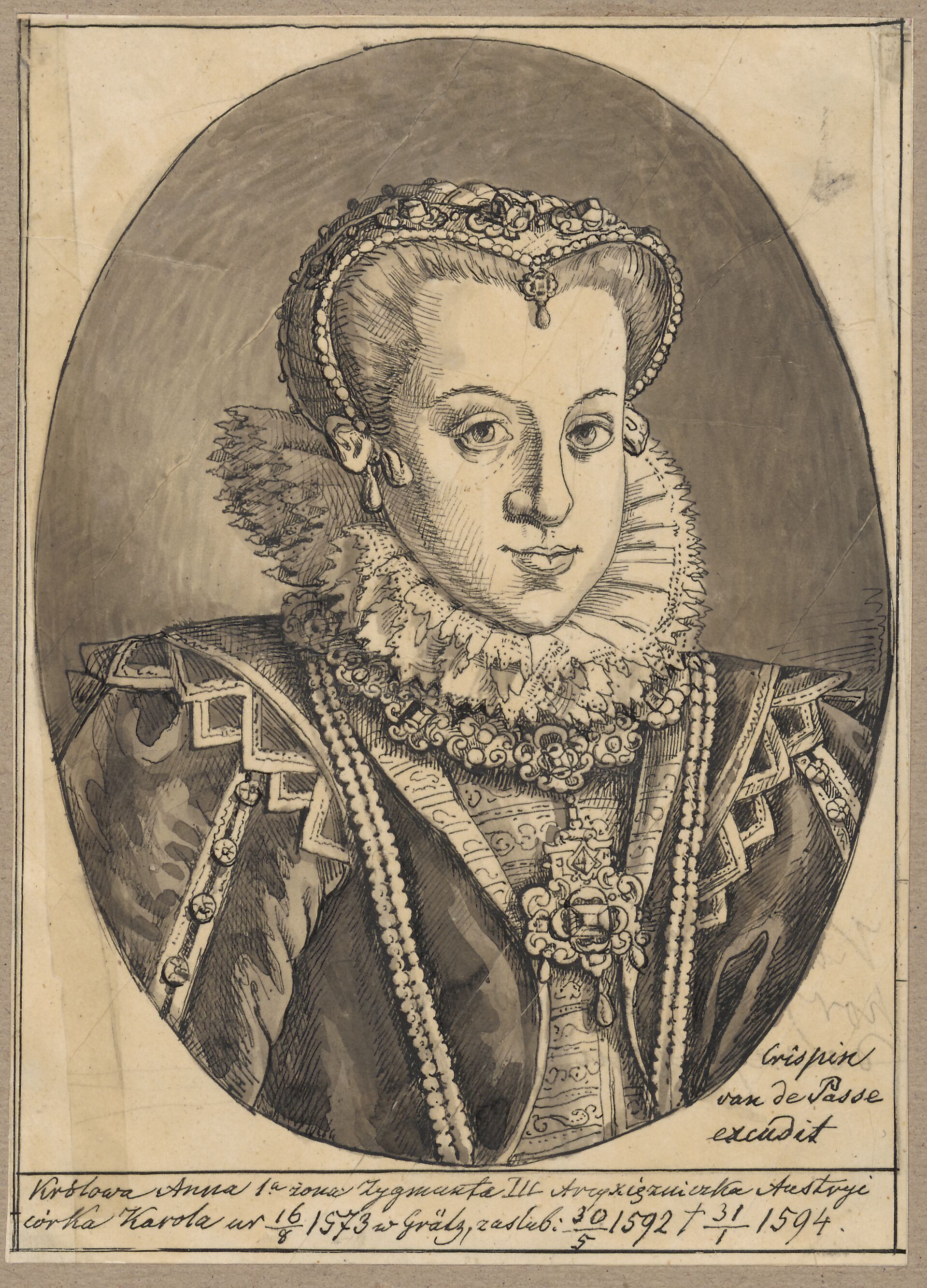 Portret w owalu królowej Anny Habsburżanki, według ryciny Crispijna van ...